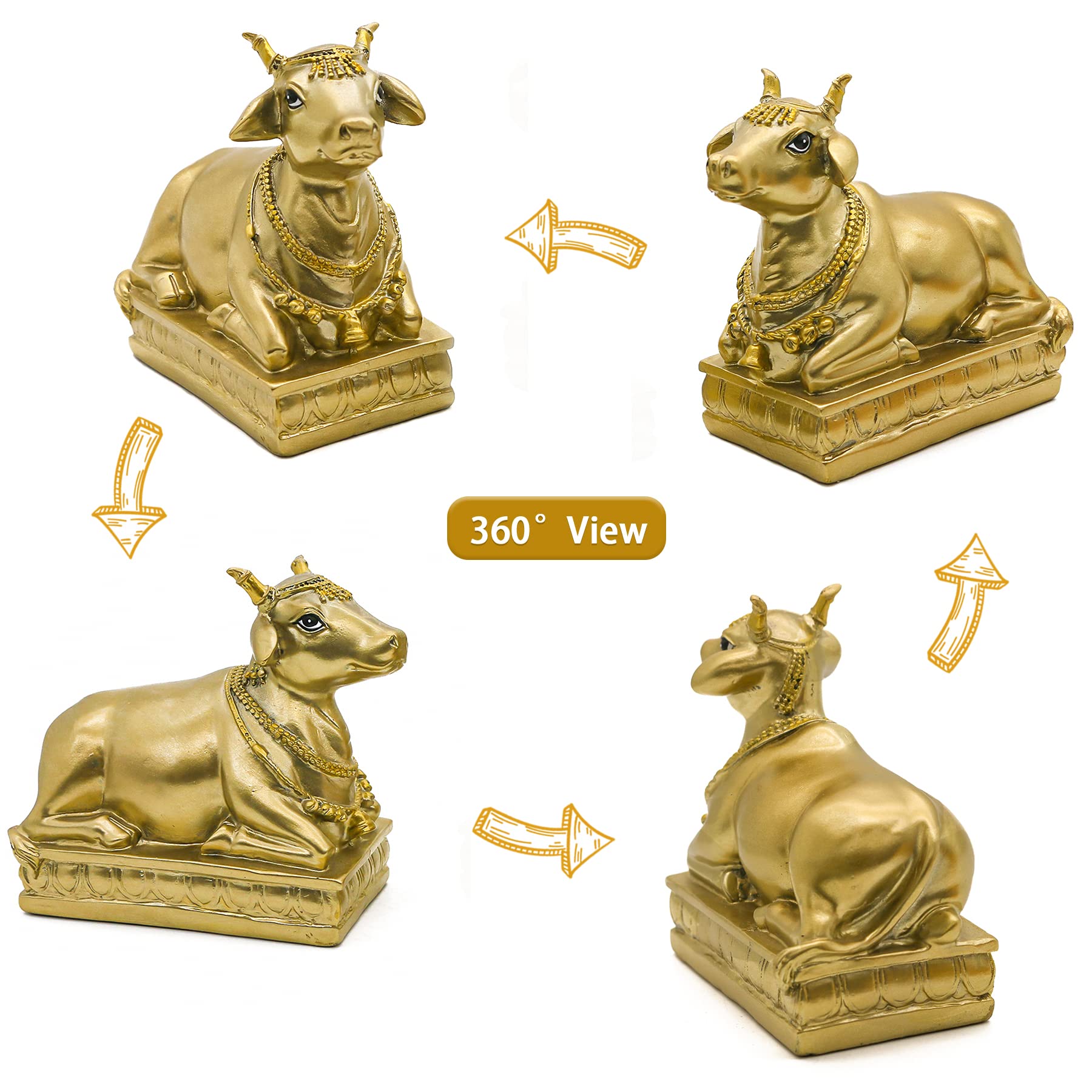 Hindu Nandi Holy Cow Statues - 2PCS Gold Nandi Cow Sitting Position Statue for House Temples Puja Home Decor Diwali Gift