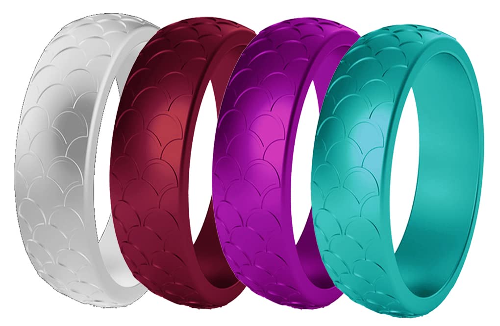 AZYOUNG Women Silicone Wedding Band 4 Colors a Set Outdoor Sports Dome Top Fish Scale Surface Rubber Rings,US Size 4-10 (Red Blue, 7)