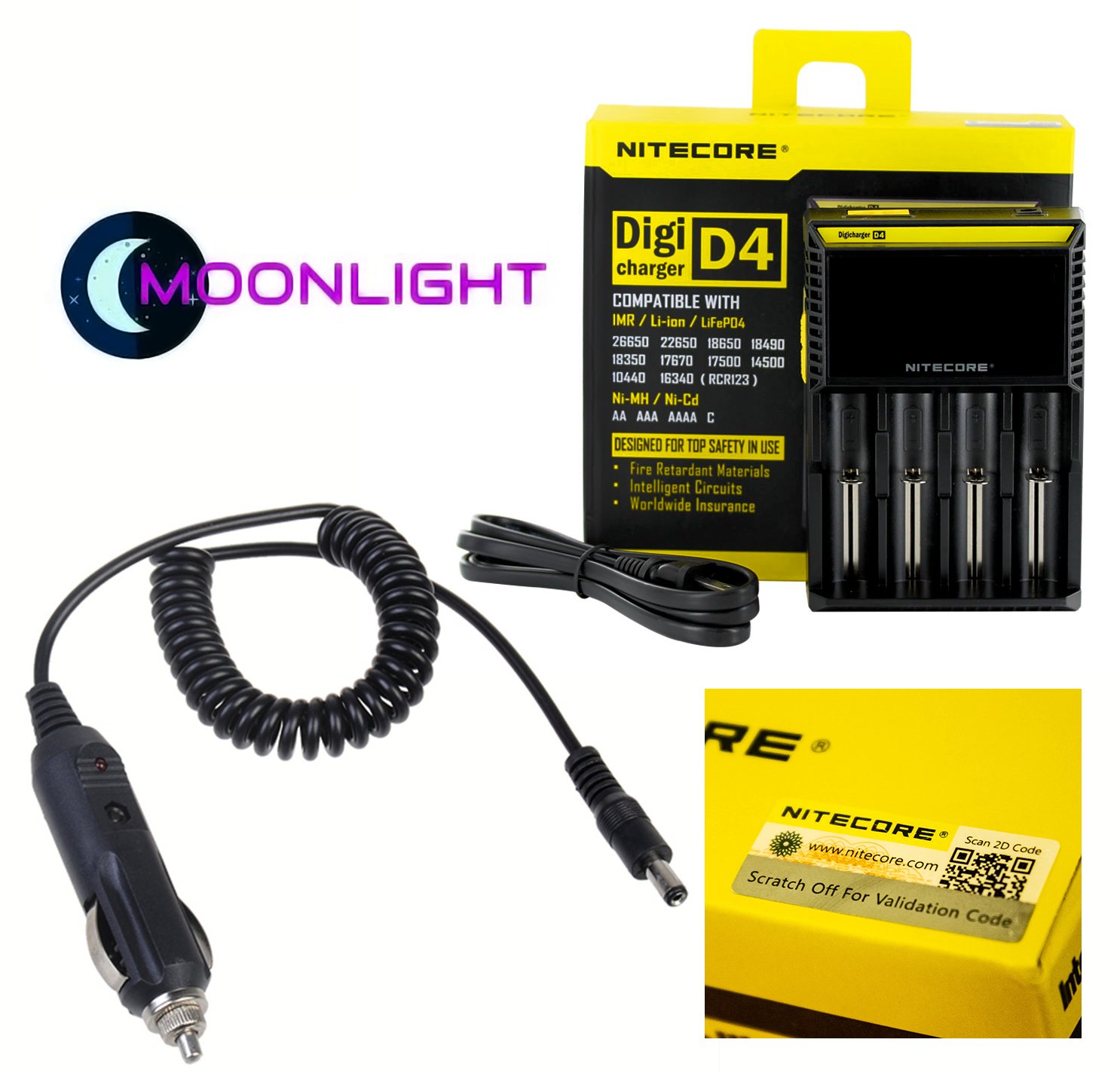 NiteCore-D4+CAR-Adapter+BBOX-T Bundle Nitecore D4 Charger Integrated LCD Panel Display for Li-Ion Ni-MH Ni-Cd Batteries with EASTSHINE Car Adapter and EASTSHINE Battery Box