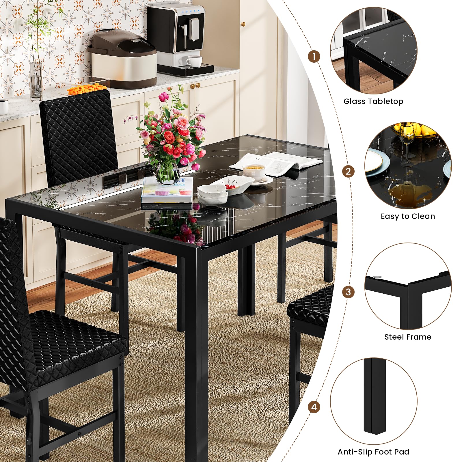 AWQM Dining Table Set for 4, Industrial 47.2" Kitchen Table and Chairs for 4, 5 Piece Dining Room Table Set with Curved Chairs, Metal Frame for Breakfast Nook, Dining, Kitchen - Rustic Brown