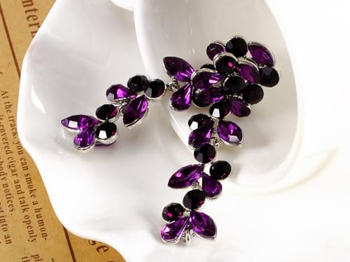 Alilang Metal Tone Grape Colored Stone Embellished Flower Leaves Dangling Earrings, Purple