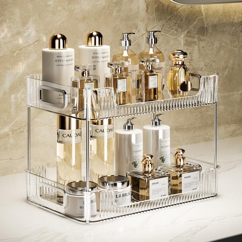 CESTATIVO Bathroom Organizer Countertop, 2 Tier Vanity Tray, Skincare Makeup Organizer Shelf, Vanity Organizer, Bathroom Counter Shelf for Cosmetics, Toiletries, Lotions, Perfumes, Clear
