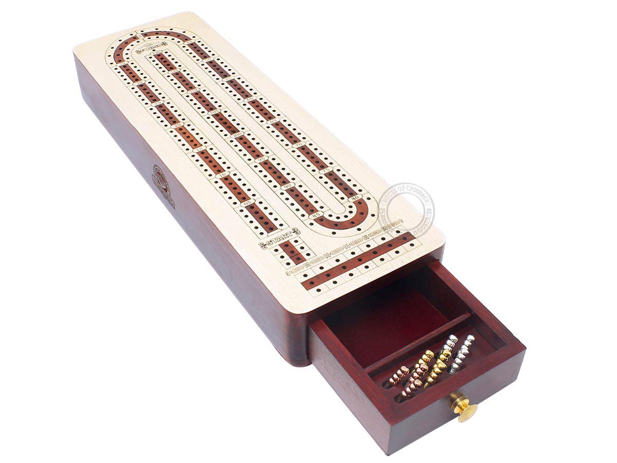 House of Cribbage Continuous Cribbage Board Alphabet e Shape Inlaid in Maple and Bloodwood with Storage Drawer for pegs and Cards - 3 Tracks