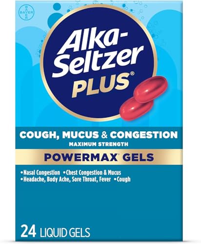 Alka-Seltzer Plus Maximum Strength Cough, Mucus & Congestion Powermax Liquid Gels, Fast and Effective Chest Congestion Relief, Cough Suppressant, For Adults and Children 12 Years and Older 24 Count