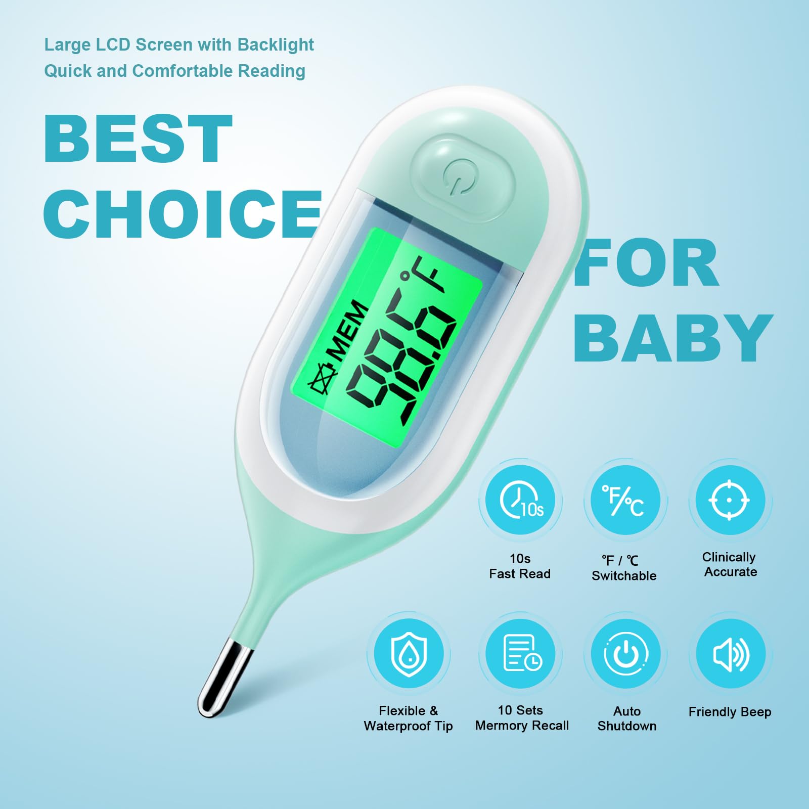 Baby Thermometer for Digital Rectal - Fast Accurate Infant Thermometer with Fever Alarm, LCD Display and Memory Function