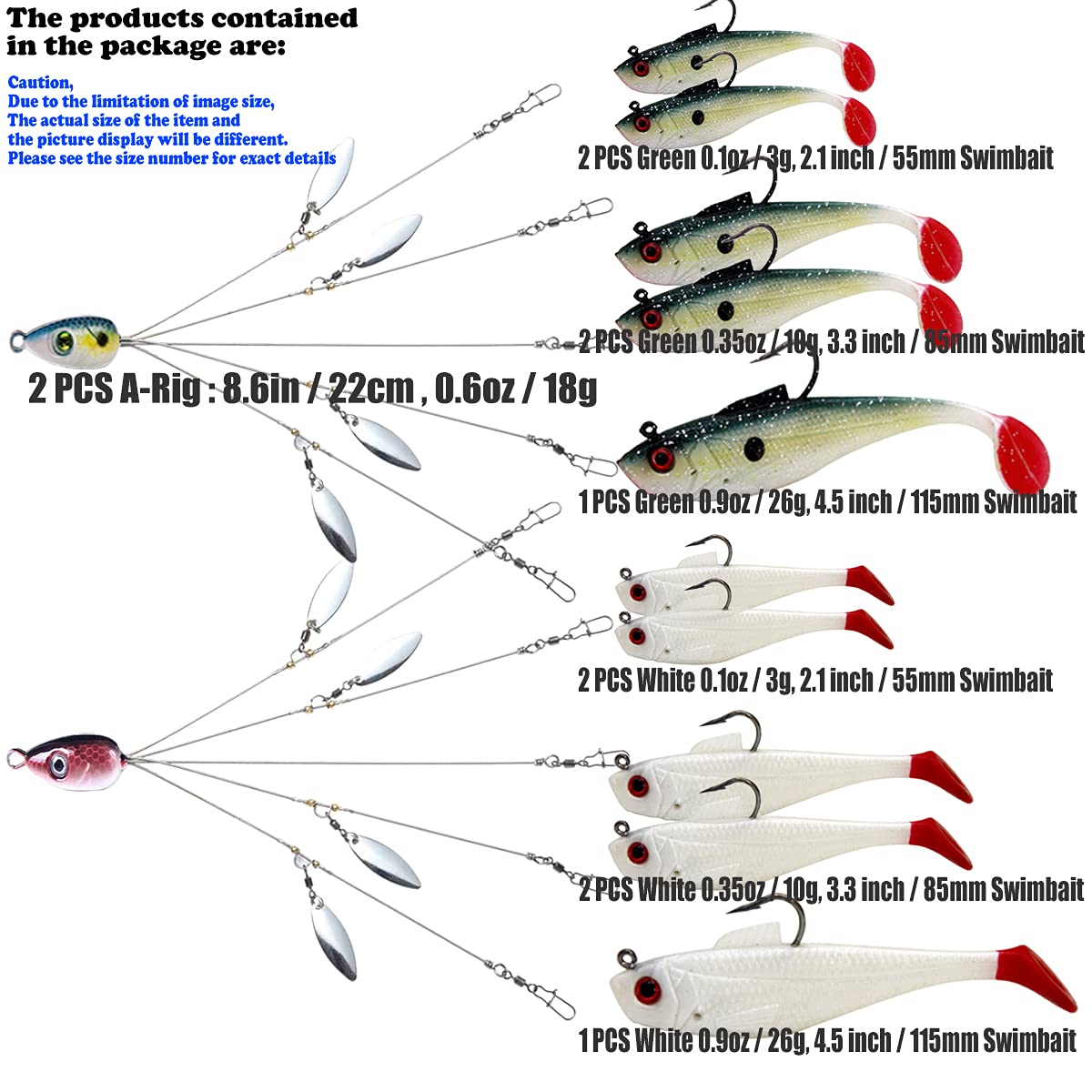 Alabama Boat Trolling Rigs for Bass Crappie Striper, 5 Aarms A-Rig Fishing Lures, Umbrella Rig Kit with Weedless Jig for Fresh and Salt Water