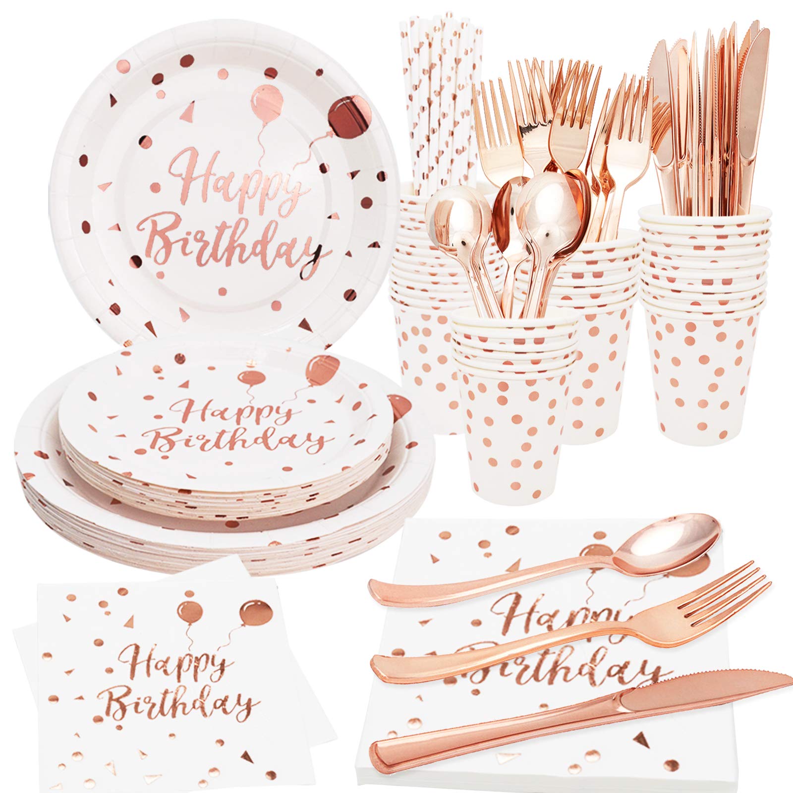 Birthday Party Supplies 200 PCS Rose Gold Birthday Plates Napkins Supplies and Rose Gold Plastic Cutlery, For Happy Birthday Decorations Serves 25 Guests