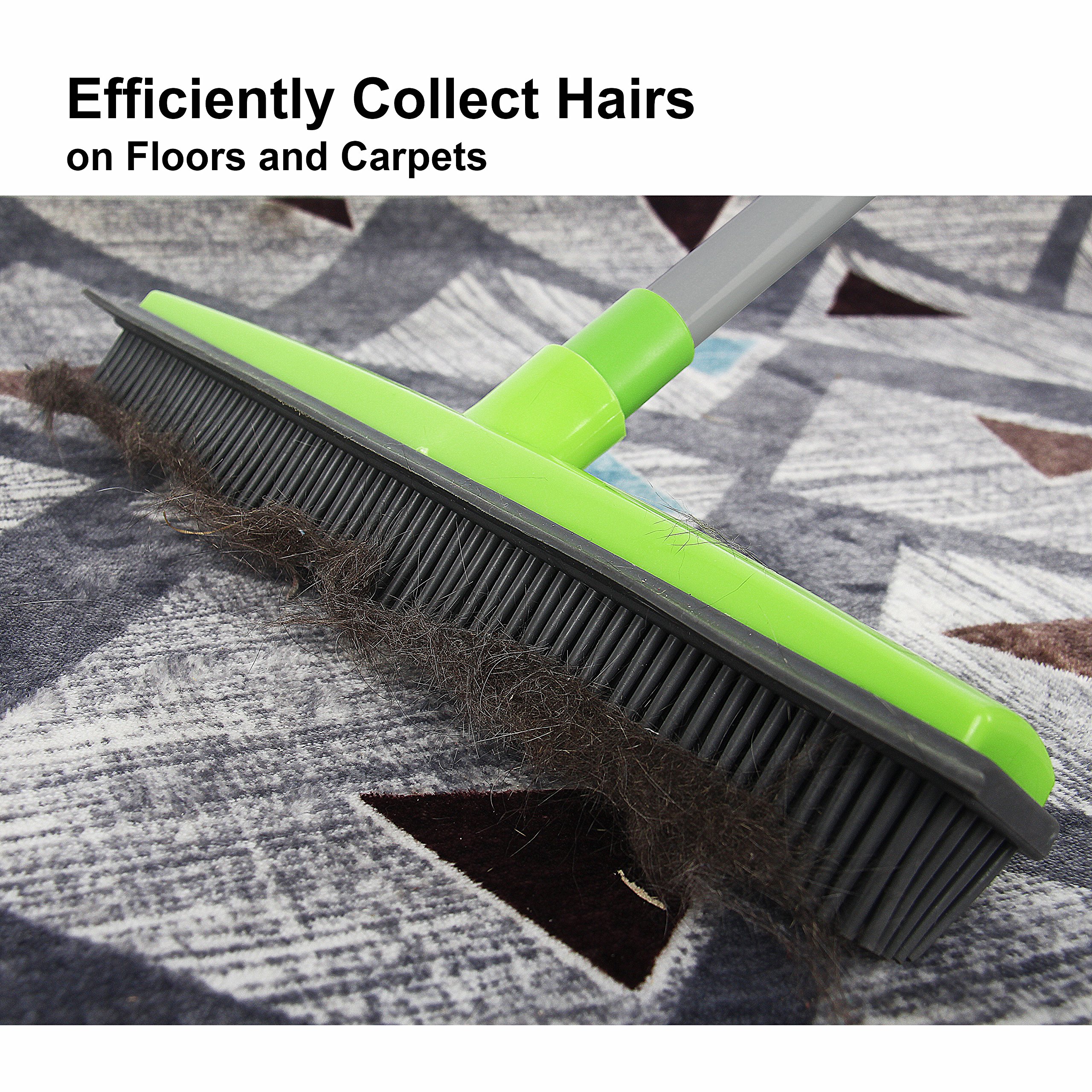 Affogato Iamagie Push Broom Long Handle Rubber Bristles Sweeper Squeegee Edge 59 inches Non Scratch Bristle Broom for Pet Cat Dog Hair Carpet Hardwood Tile Windows Clean Water Resistant
