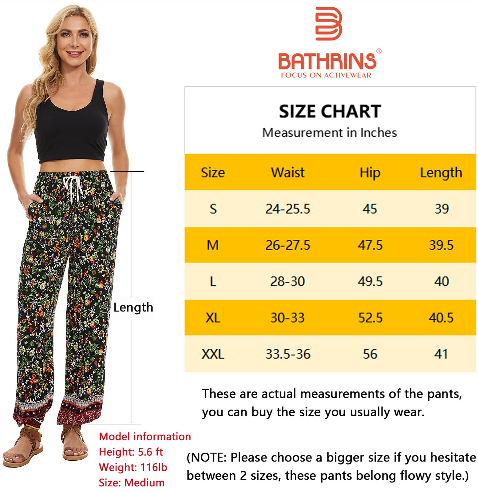 BATHRINS Womens Casual Harem Pants Baggy Boho Pants Summer Floral Beach Pants with Pockets