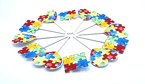 Autism Cupcake Toppers 12 pcs, Puzzle Cake Picks, Colorful Heart Birthday Decoration Party Supplies
