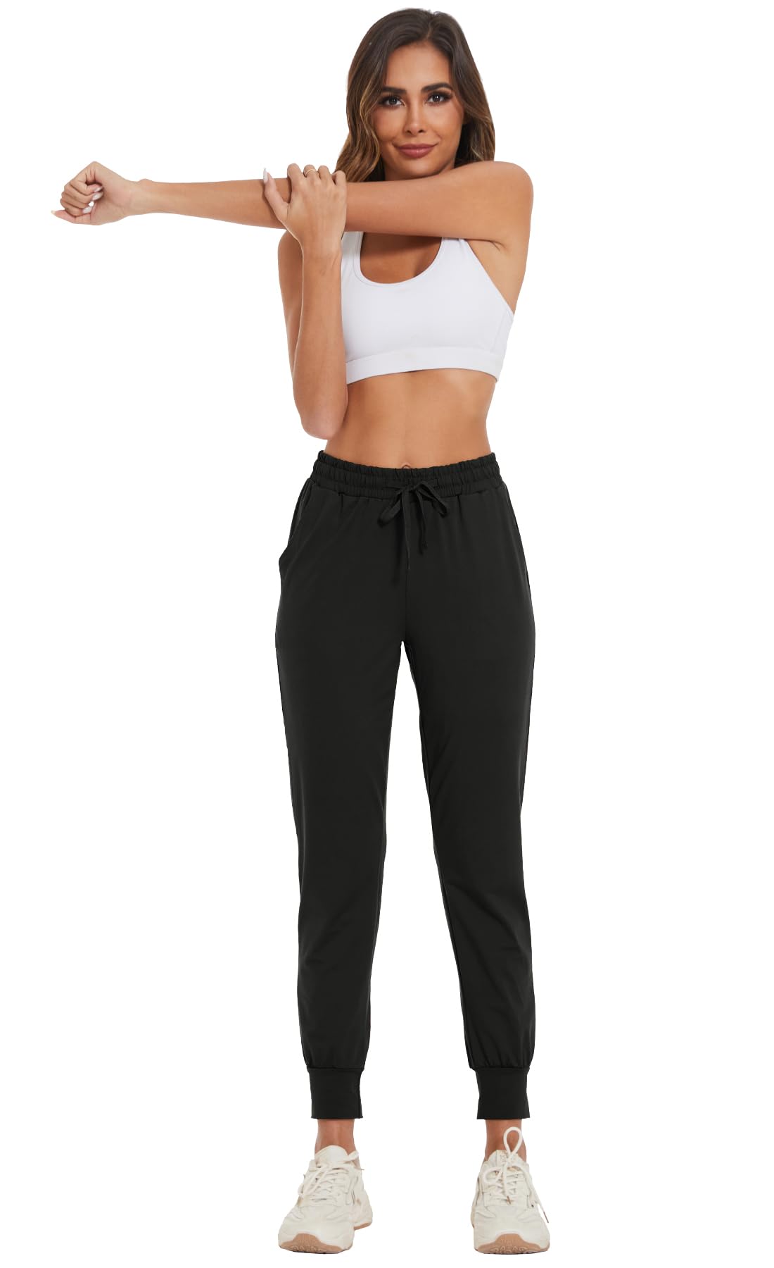 BATHRINS Women Tapered Joggers with Pockets – Casual Yoga High Waist Sweatpants Black