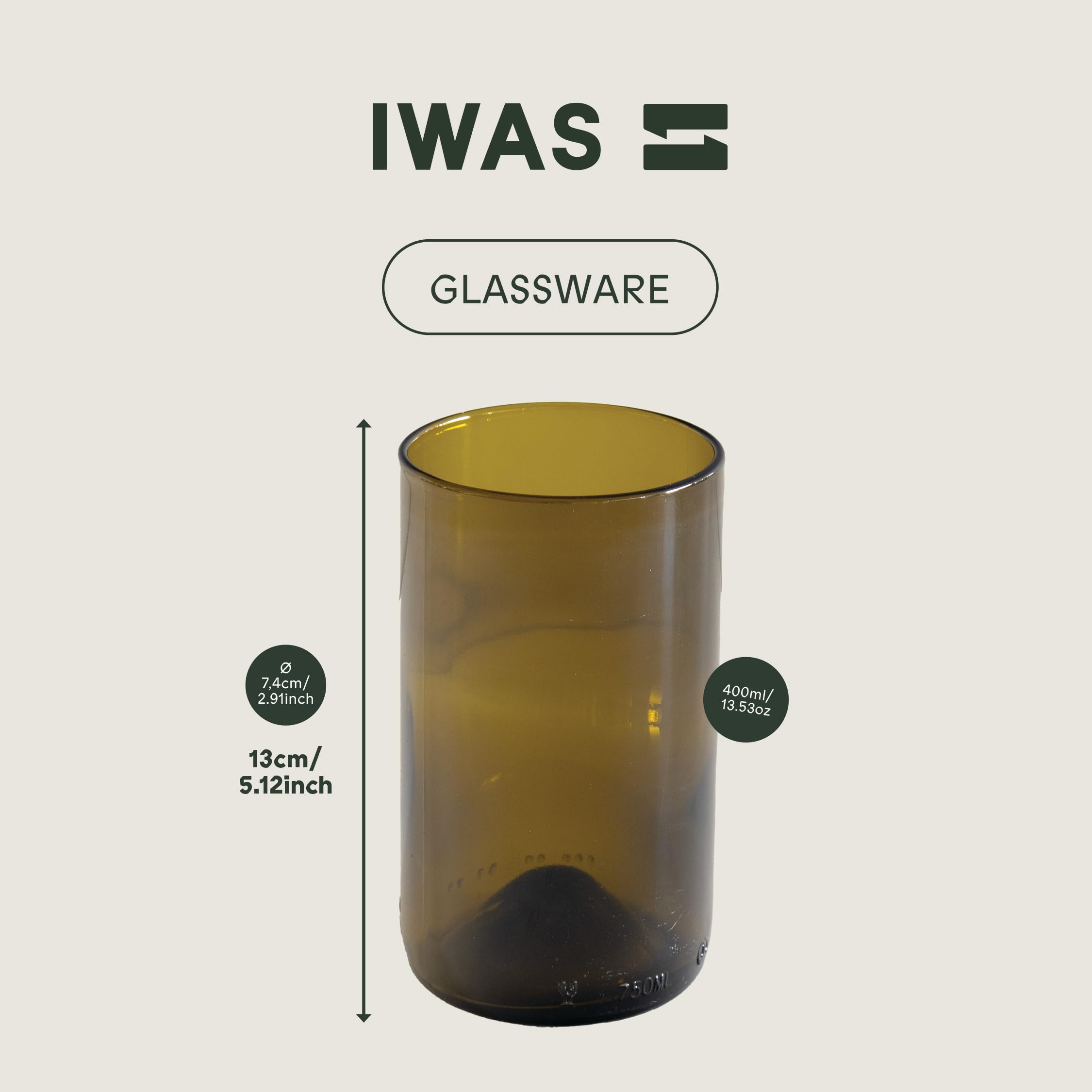 IWAS Upcycled Olive Drinking Glasses | 400 ML | 13.53 OZ | Set of 6 | Sustainable Water Glasses | Environmentally Friendly Dark Brown Glasses For Home