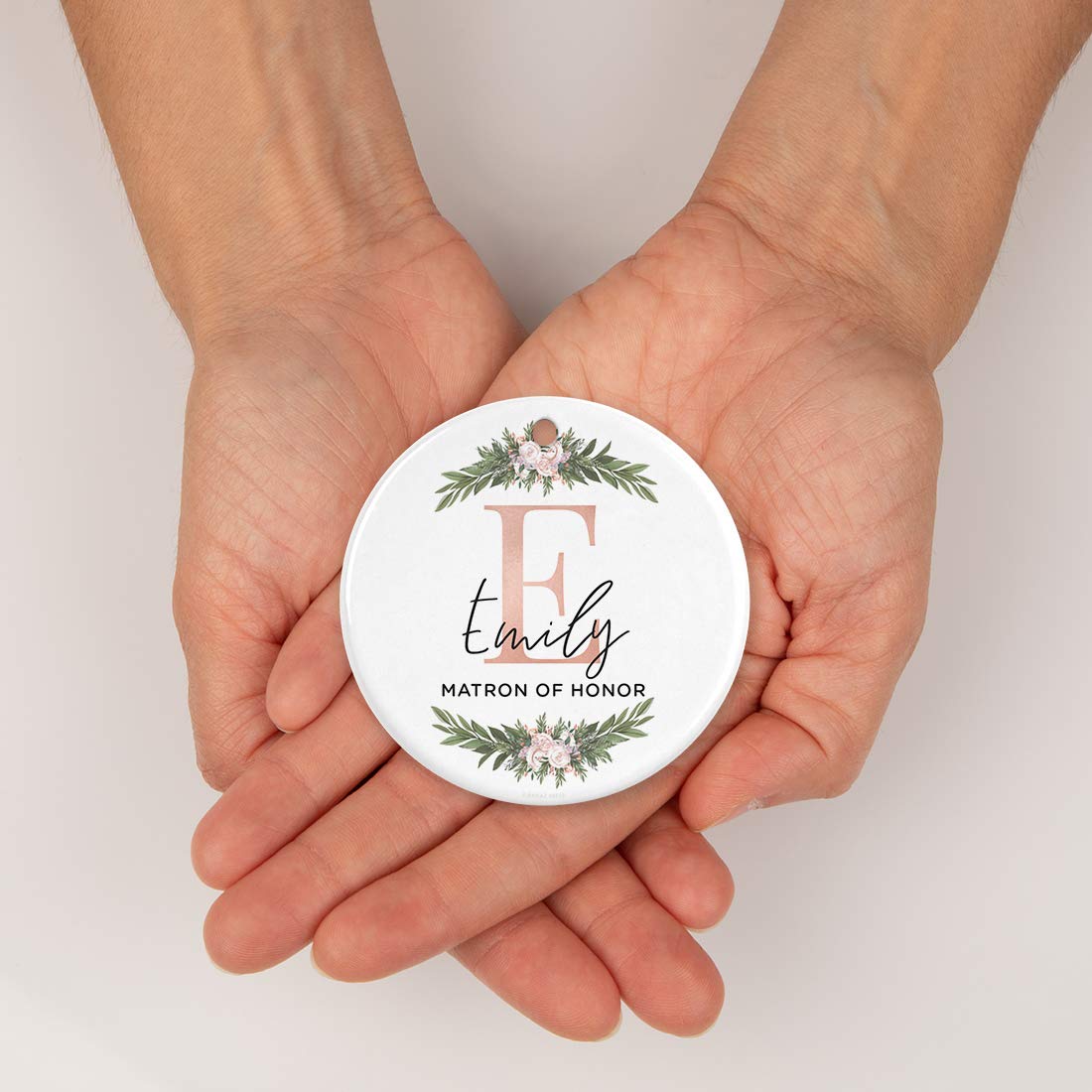 Andaz Press Personalized Round Ceramic Porcelain Christmas Tree Ornament Keepsake Collectible Matron of Honor Gift, Monogram Letter with Name, 1-Pack, Custom
