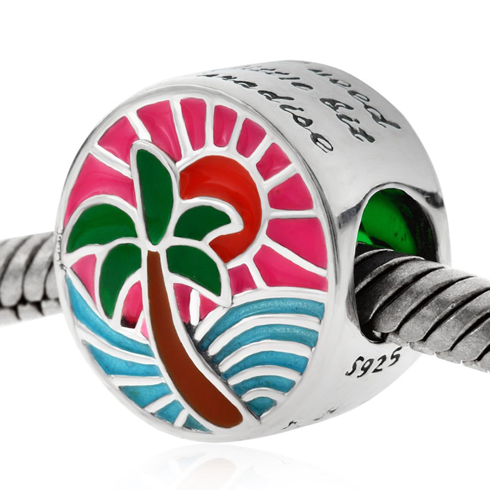 ARTCHARM Tropical Sunset Charm 925 Sterling Silver Palm Tree Ocean Sun Beads Sea Waves Charms