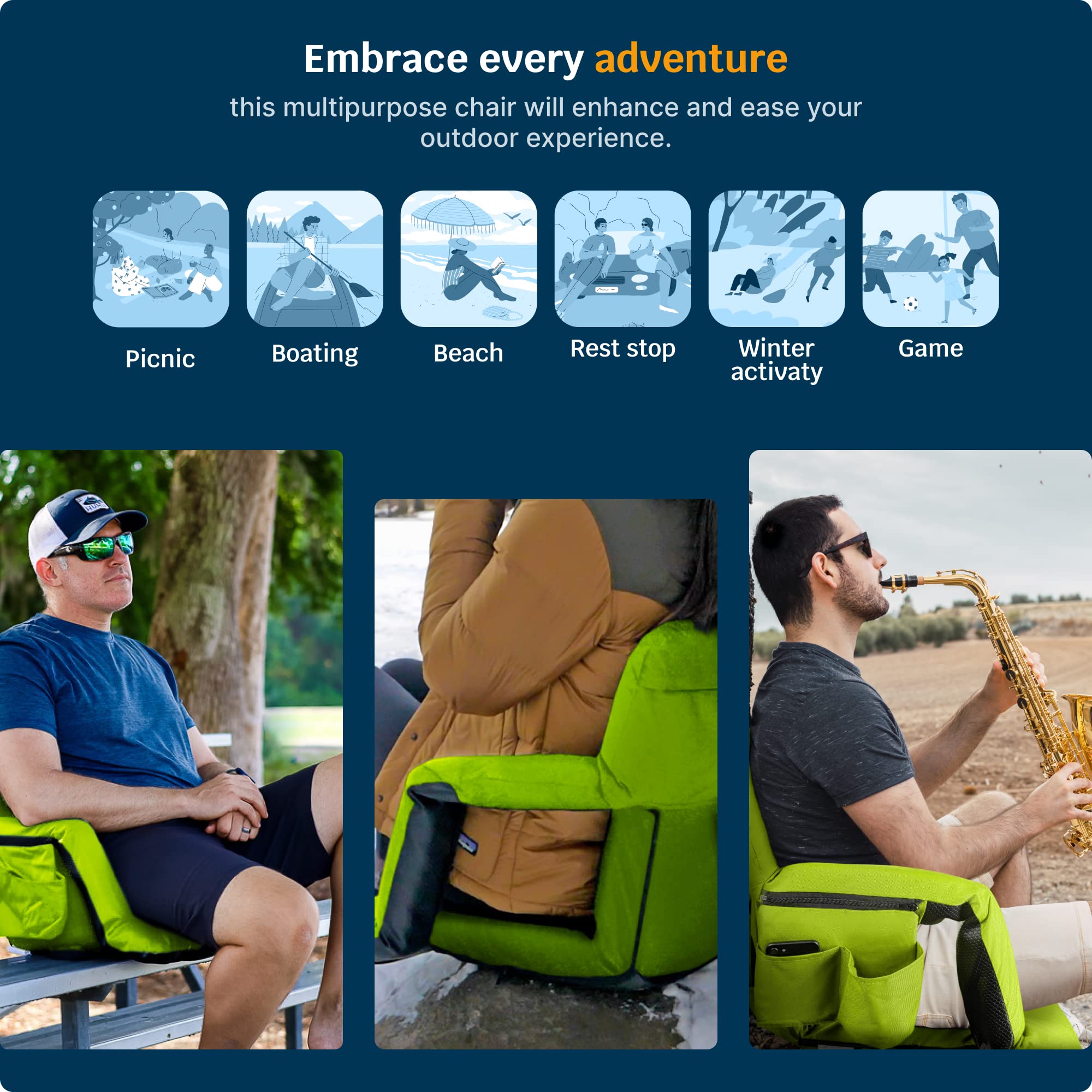 Alpcour Reclining Stadium Seat β Wide Bleacher Chair with Back Support and Cushion, Armrests, Side Pockets, and Bleachers Hook β Best Stadium Seats Chairs for Camping, Kayak, & Paddle Board Backs