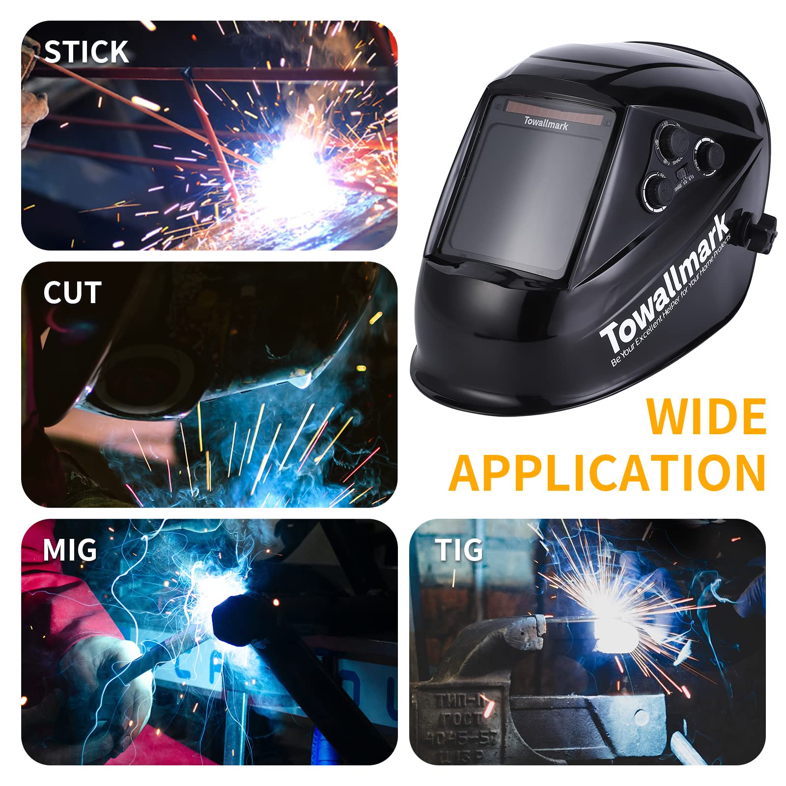 Auto Darkening Welding Helmet, 3.95”×3.9” Large Viewing Welding Hood, True Color Solar/Battery Powered Welder Mask, 4 Arc Sensor Wide Shade 4~5/9-9/13 for TIG/MIG/Stick/Cut