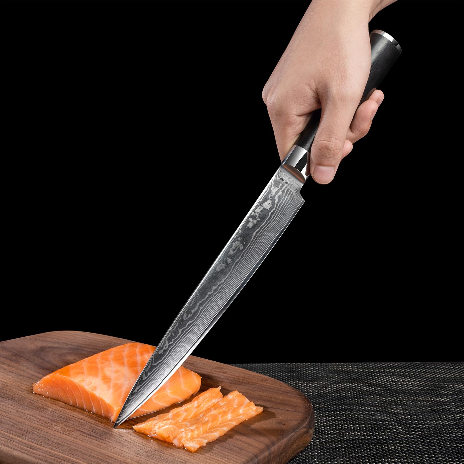 BOAMLONA Damascus Carving Knife - 8" Slicing Razor Sharp Meat Cutting Knife - Japanese VG10 Steel Core High-carbon steel Forged -Full Tang Ergonomic G10 Handle/w Sheath&Gift Box