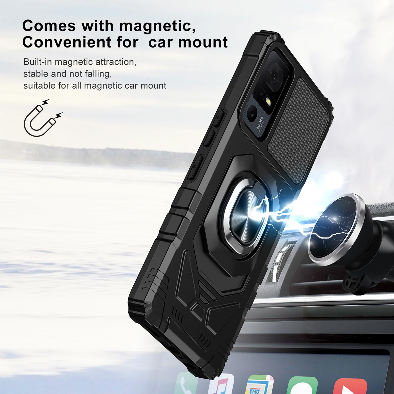 Ailiber for TCL 40 XE Case, TCL 40 X Case with Screen Protector Tempered Glass, Ring Kickstand for Magnetic Car Mount, Military Grade, Heavy Duty Shockproof Phone Cover for TCL 40 X 5G T609M-Black