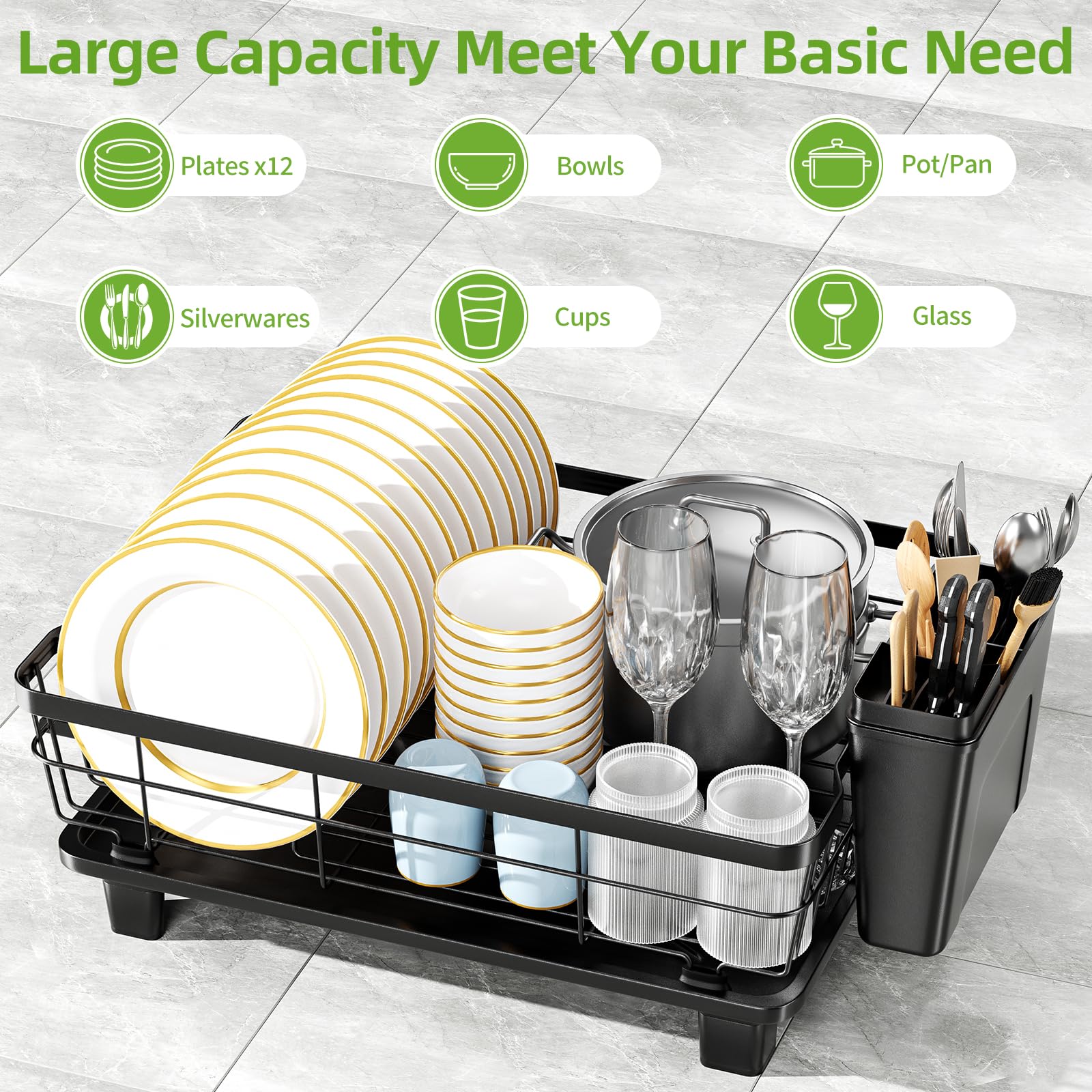 DMTXCRP Dish Drying Rack with Drainboard for Kitchen Counter, Large Capacity Durable Rustproof Stainless Steel Dish Drainer Rack with Removable Flatware Caddy -Black