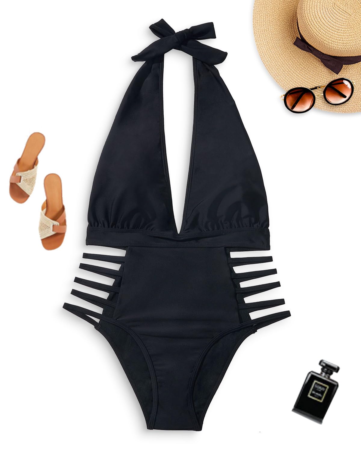 Aqua Eve Women Sexy One Piece Swimsuits Halter Plunge V Neck Cutout Bathing Suits Black XX-Large