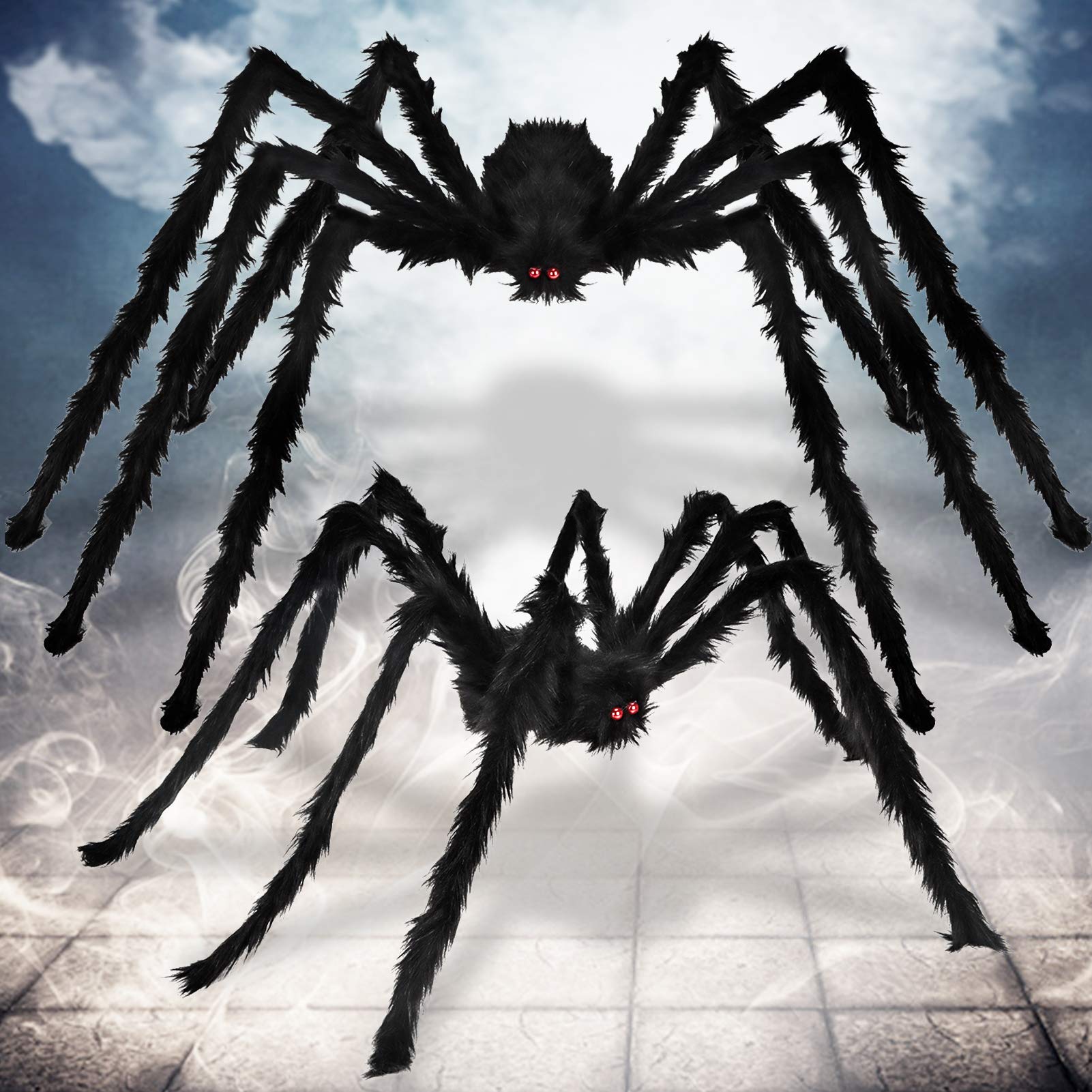 Apfity 2 Pack Halloween Decorations Spiders, Hairy Giant Spiders for Scary Halloween Decor Outdoor Wall Yard House, (6.5 FT + 5 FT)