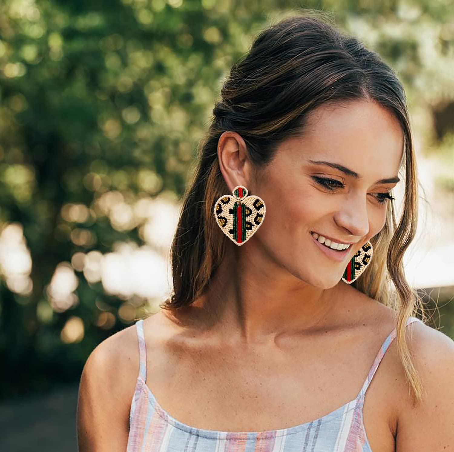 Beaded Dangle Earrings for Women Leopard Pattern Bead Heart Earrings Boho Statement Drop Earring Studs for Holiday Birthday Valentineās Day Gifts
