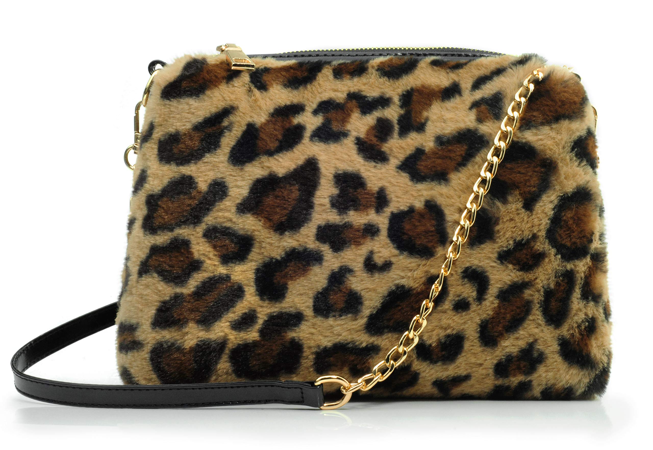 HOXIS Faux Fur Furry Crossbody Shoulder Handbag Clutch Purse(Leopard print)