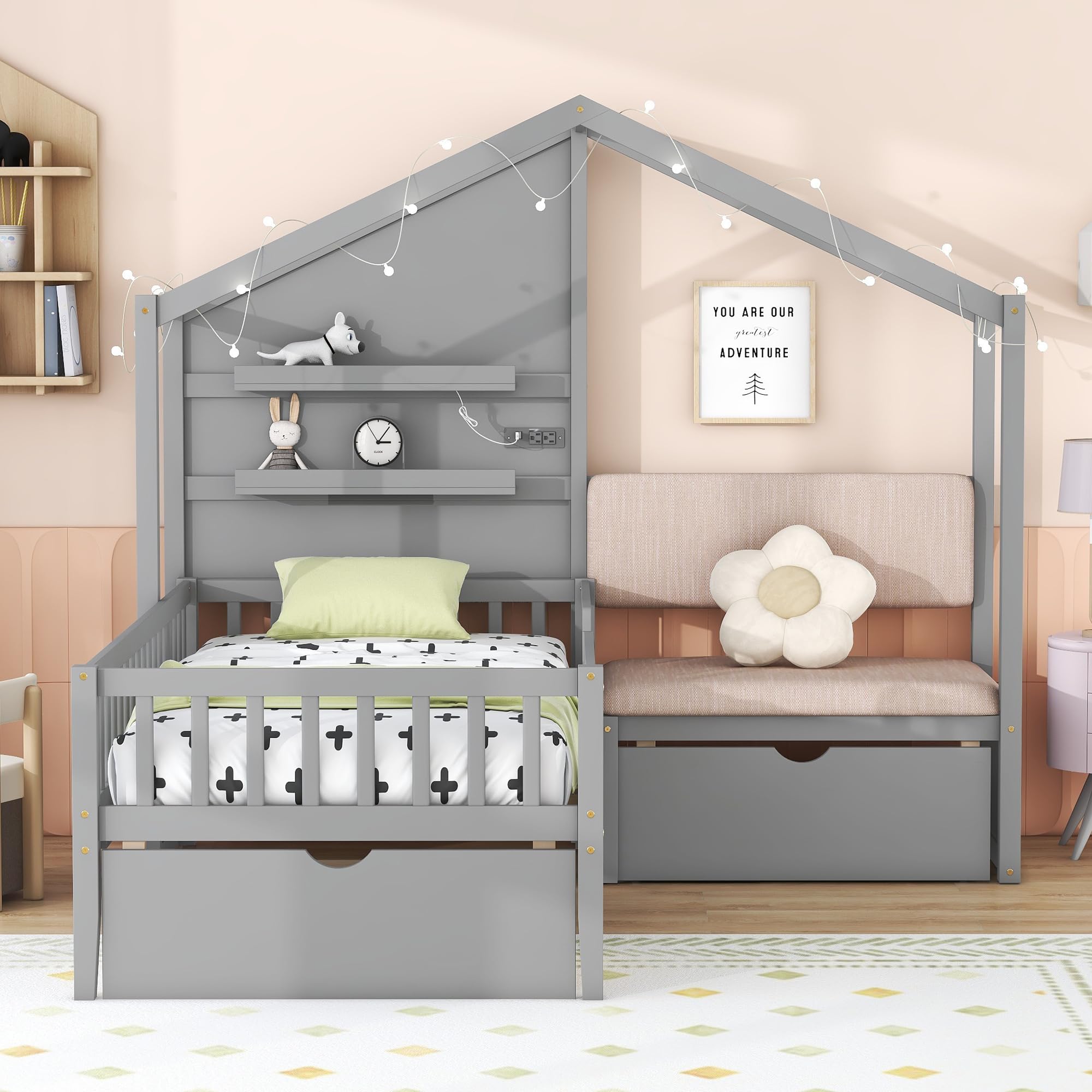 Twin House Bed for Kids, House Platform Bed with Upholstered Sofa, Charging Station, Wireless Charging, Storage Shelves and Two Drawers, Light Strip Included, Gray
