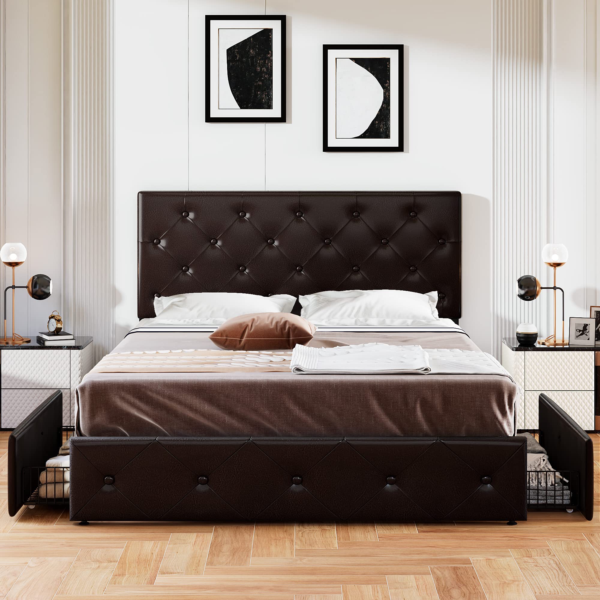 Allewie Queen Size Platform Bed Frame with 4 Storage Drawers and Adjustable Headboard, Diamond Stitched Button Tufted Faux Leather Upholstered Mattress Foundation, No Box Spring Needed, Black Brown