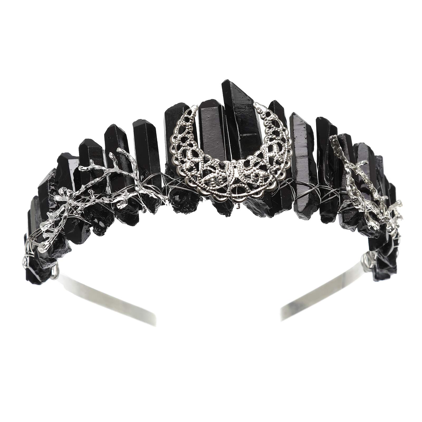 HAIMEIKANG Raw Crystal Quartz Crown Headband Handmade Tiara Natural Stone Headband for Woman Wedding and Parties (Black)