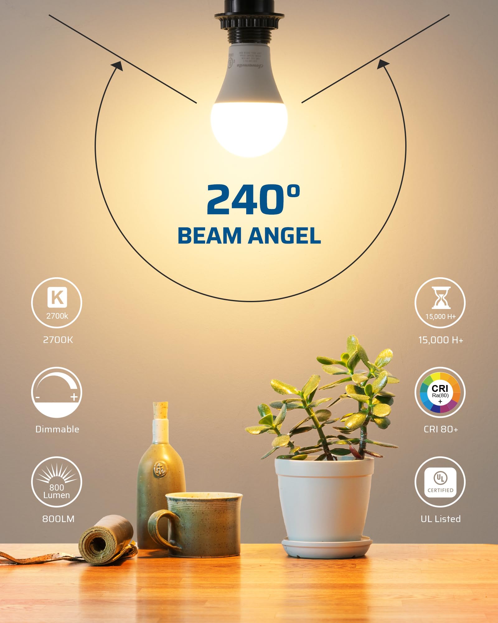 DEWENWILS 4-Pack Dimmable LED A19 Light Bulb, 800 Super Bright, 2700K Soft Warm Light Bulb, 10W (60 Watt Equivalent) LED Bulb, E26 Medium Screw Base, UL Listed
