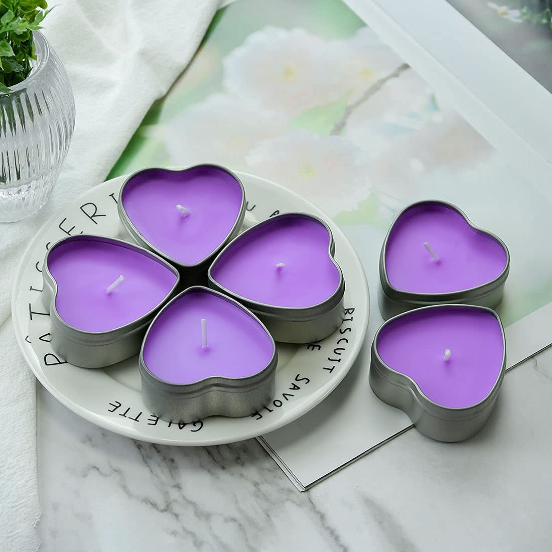 DEYBBY Large Heart Shaped Scented Tea Lights Candles, Smokeless Soywax β6 Hours Long Burning Lavender Purple Aromatherapy Candles for Relaxation, Spa and Bath (Pack of 6)