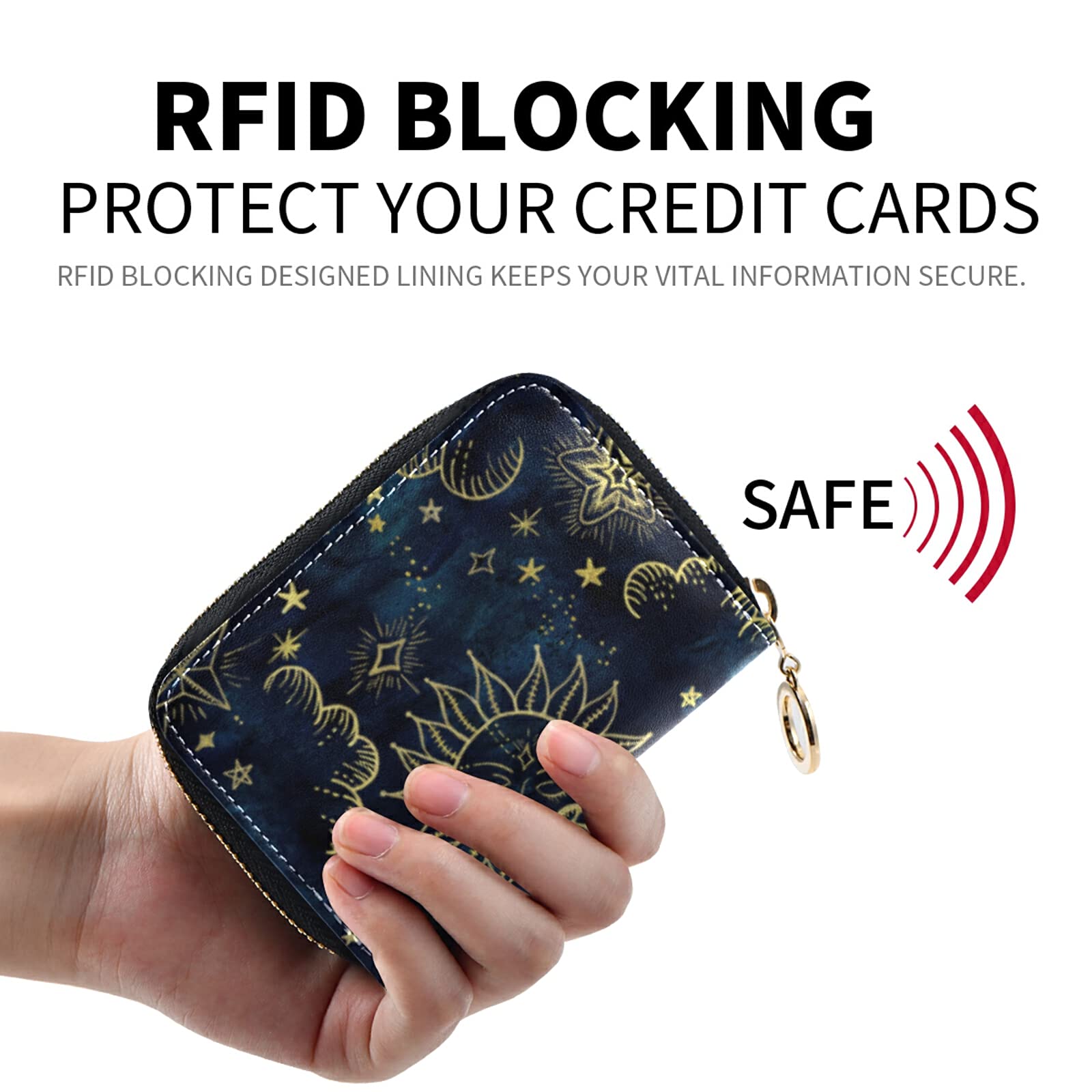Gold Sun Moon Golden Soleil Cosmos Astrology on Dark Blue Pattern Credit Card Coin wallet, Key Change Organizer Zipper Purse Compact Clutch Pouch Pocket, RFID Blocking Women Leather Card Holder