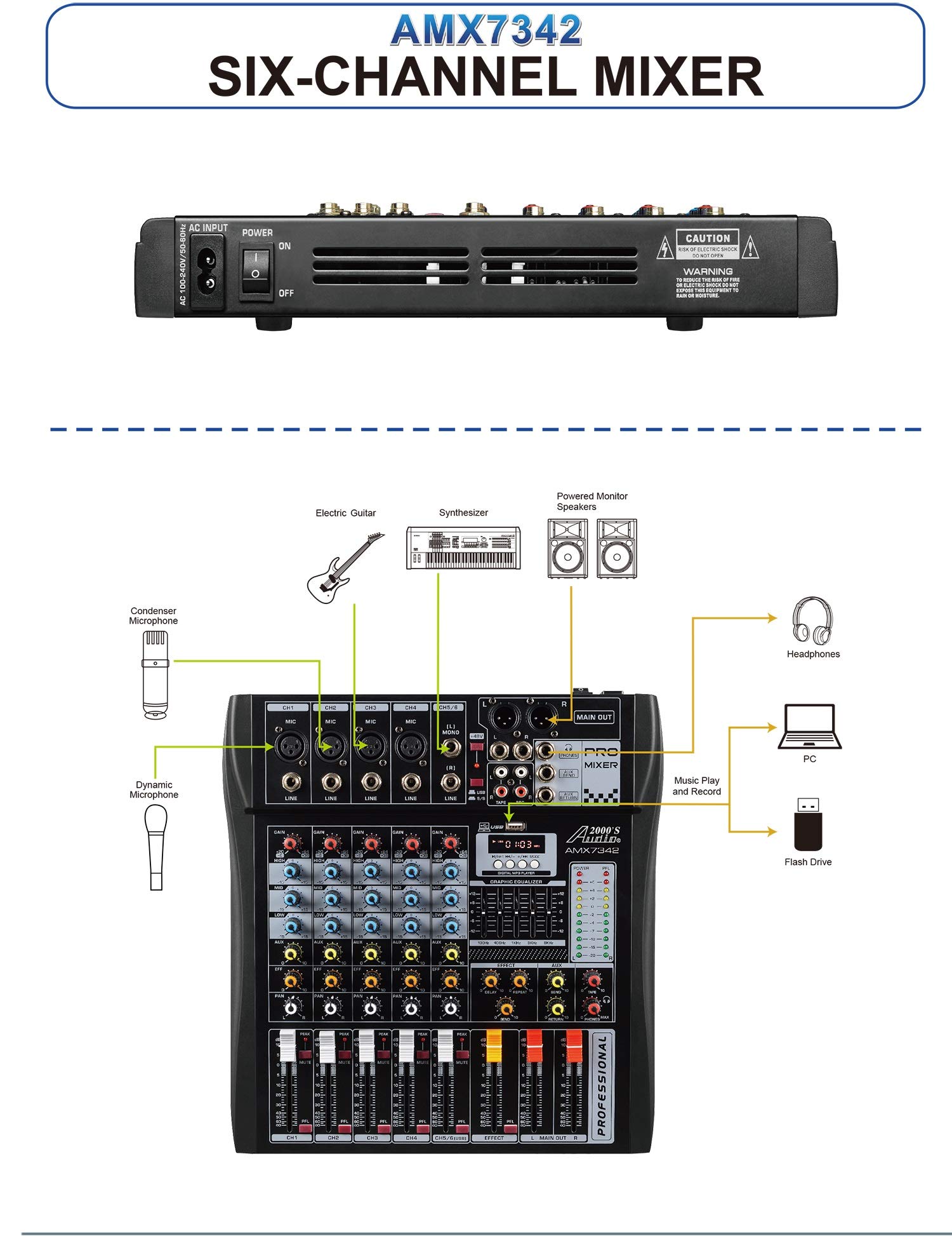 Audio2000'S AMX7342 Six-Channel Audio Mixer with USB Interface and Sound Effect