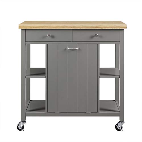Almeris Lux Gray Kitchen Island Cart Wheels Bamboo Top Storage Cabinet Drawers Rolling Utility Shelf Furniture Table Home Office Bar Rack Cupboard