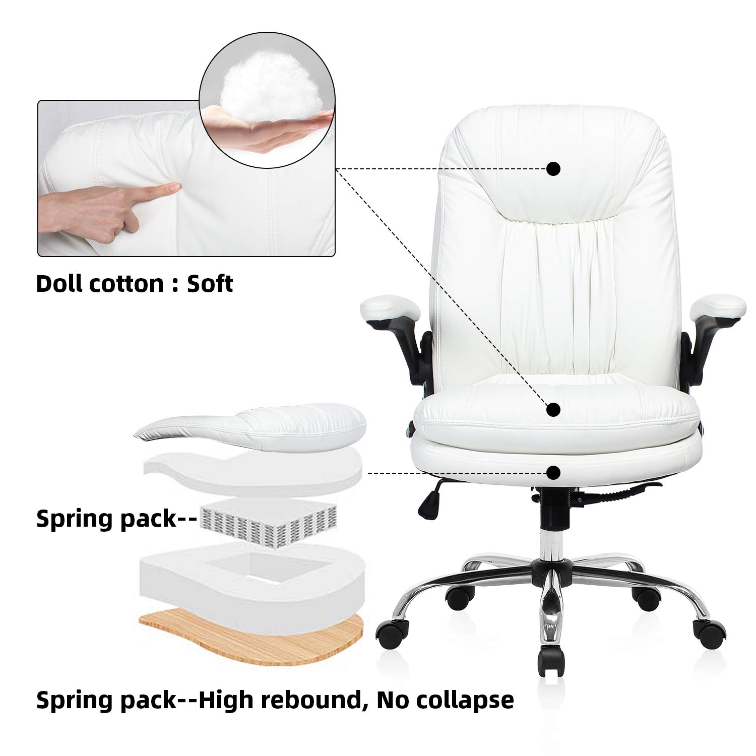 B2C2B Ergonomic Office Chair High Back Desk Chair with Flip-Up Arms and Comfy Thick Cushion Leather Computer Chair White Big and Tall 350lb Weight Capacity