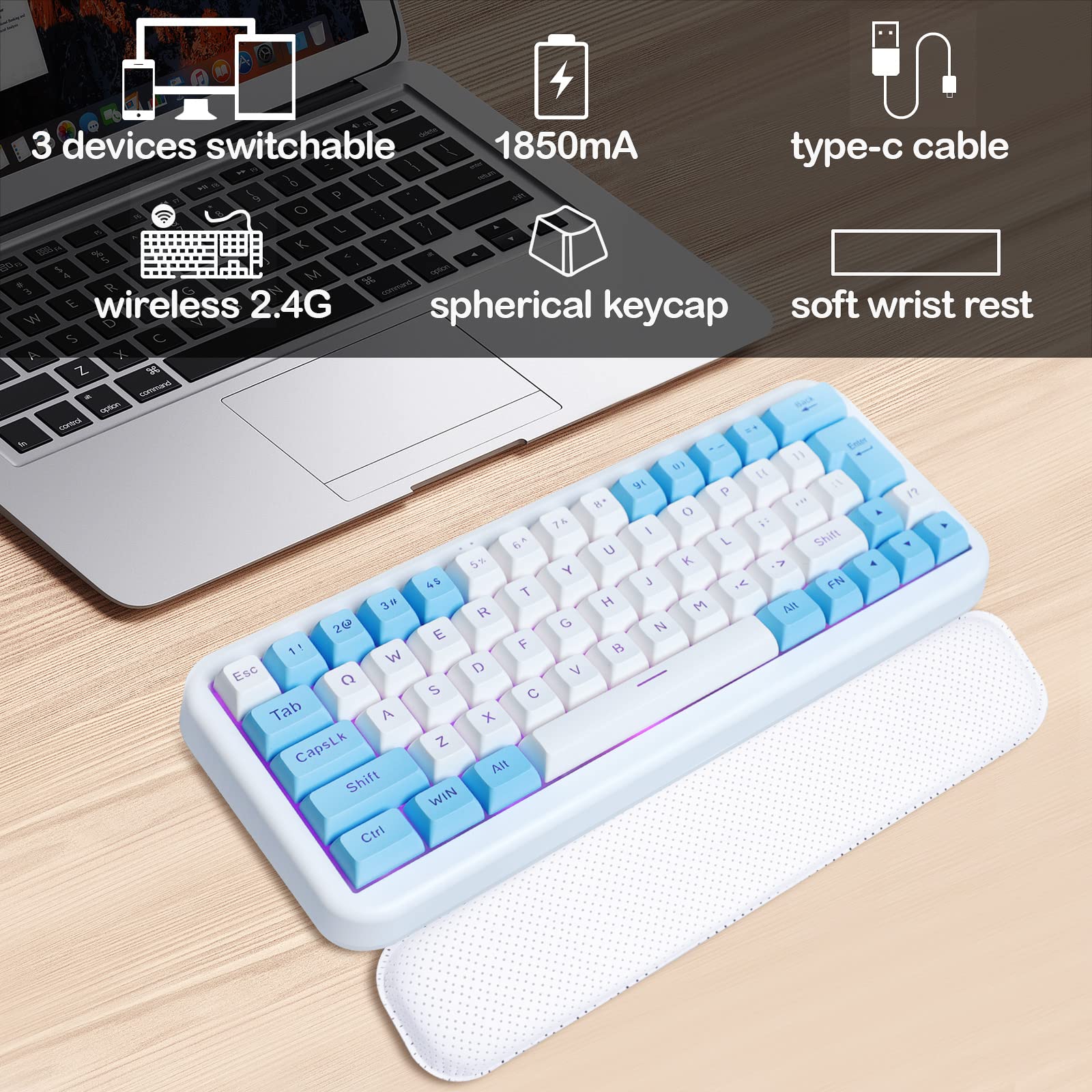 Apuode 60% Wireless Gaming Keyboard, RGB Backlit Ultra-Compact Mini Keyboard with Wrist Rest, Waterproof Mini Compact 61 Keys Keyboard for PC/Mac Gamer, Easy to Carry on Business Trip(White)