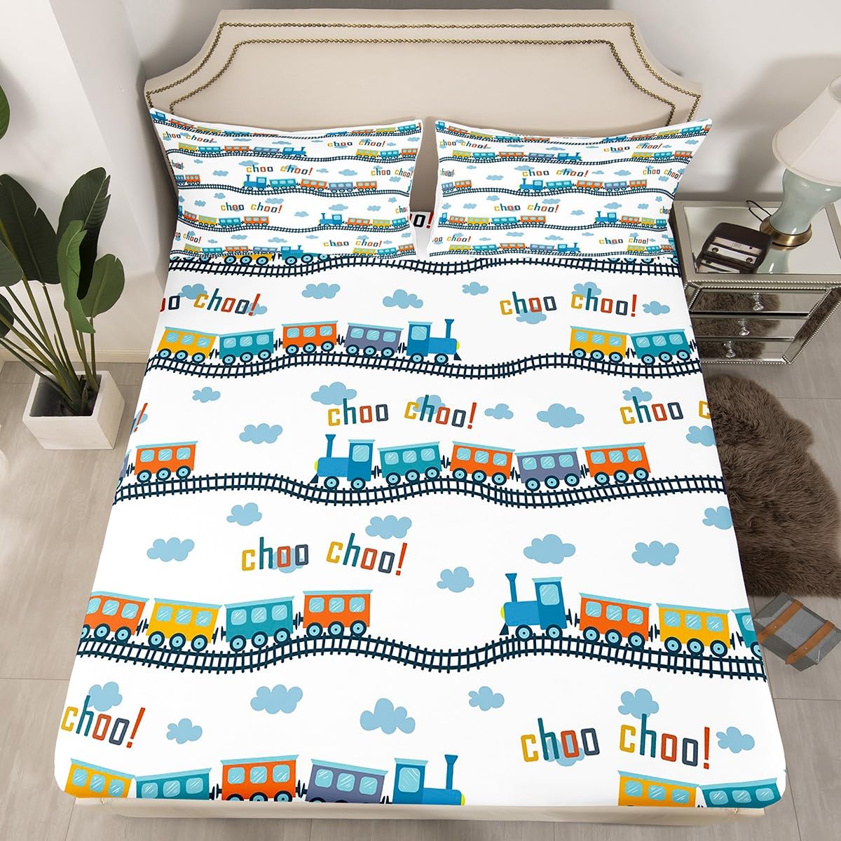 Colorful Train Bedding Set Twin Size Cartoon Car Fitted Sheet 2Pcs Blue Train Tracks Cloud Bed Sheet for Kids Boys Girls Teens Room Decor Transportation Vehicles Deep Pocket Sheet,1 Pillowcase