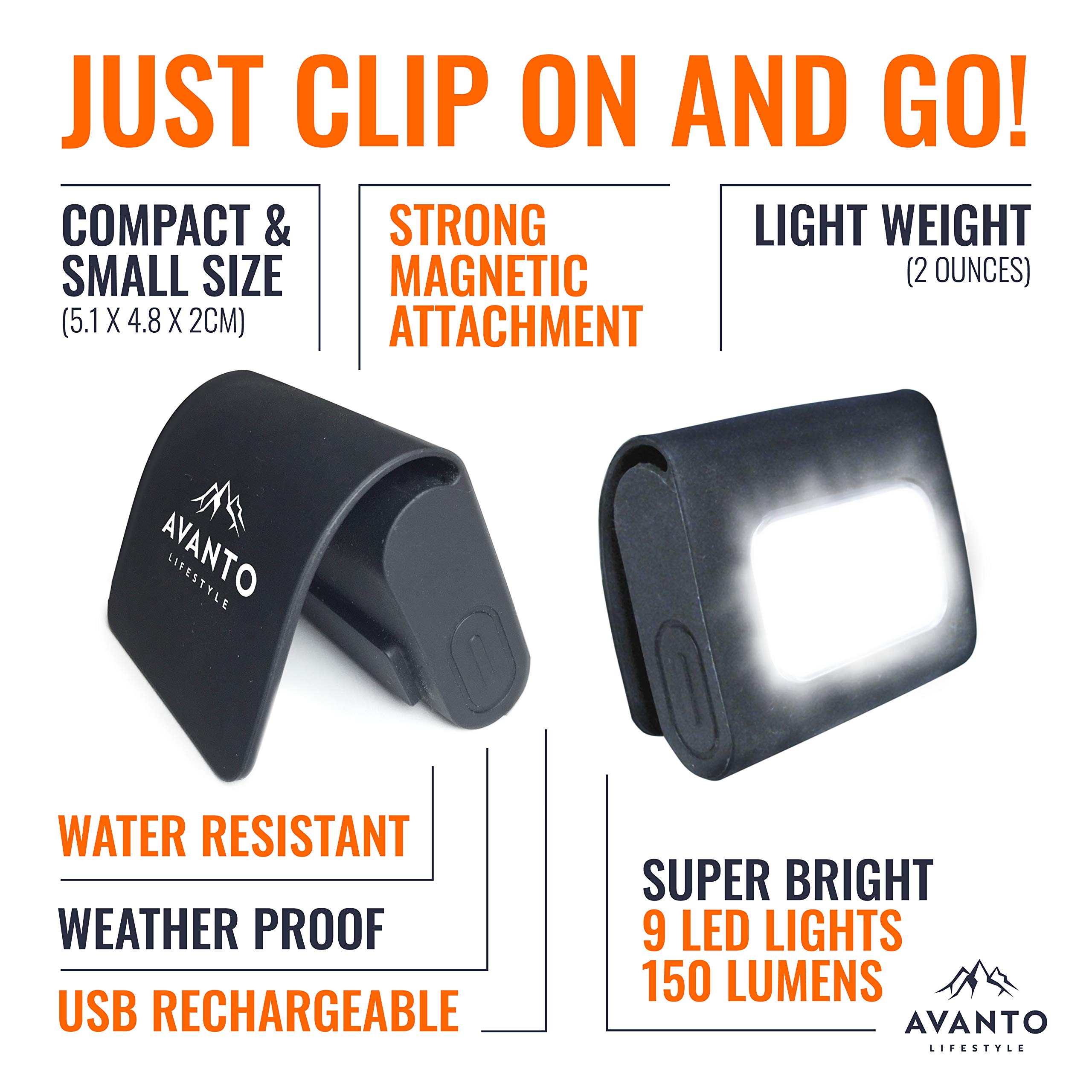 Avanto Lifestyle Clip On Flashlight Classic, Original, 200 Lumen LED Light, Rechargeable Night Running Lights for Runners, Dog Walking Light for Night Walking, Runners Lights for Night Safety