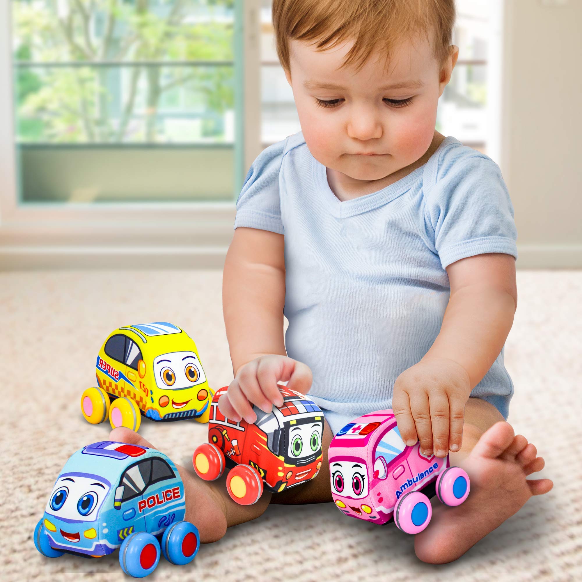 ArtCreativity Pullback Plush Car Set, Set of 4, Soft-Sided Stuffed Cars with Pullback Mechanism, Cute and Colorful for Babies and Toddlers, Best Birthday Gift for Little Boys and Girls