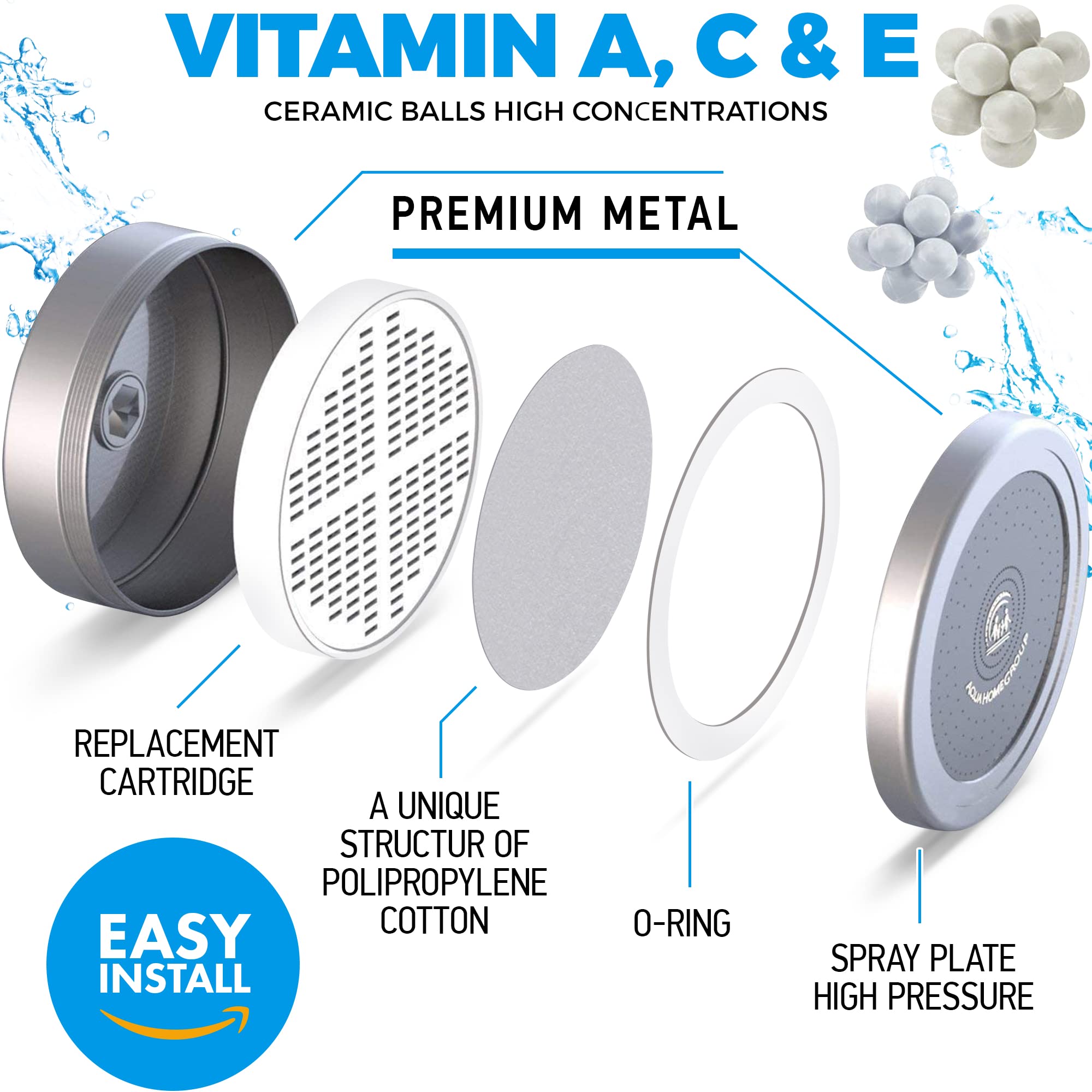 AquaHomeGroup Luxury Filtered Shower Head (Metal) 2 Cartridges Vitamin C+E+A + 5 Shower Caps - Reduses Chlorine & Sediments - Consistent Water Pressure - Massage and SPA Effery Shower Head