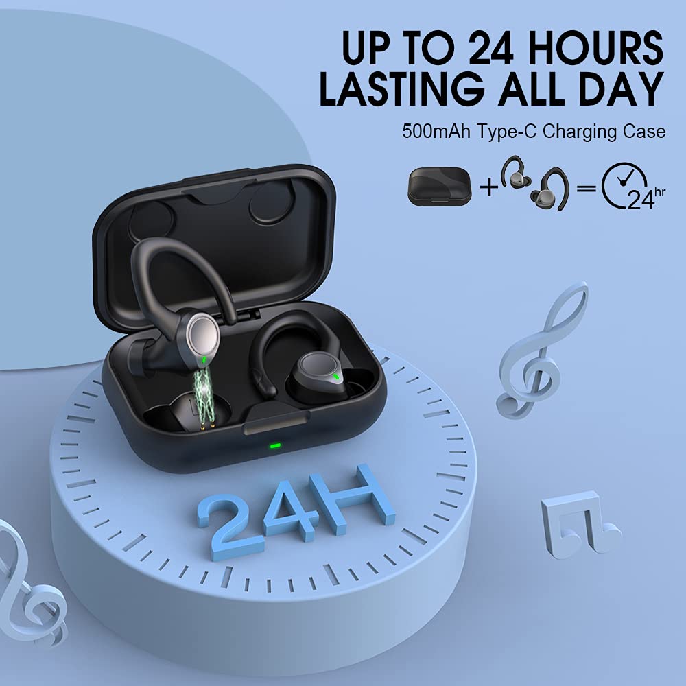 APEKX Wireless Earphone Bluetooth 5.1 Deep Bass Headphones with Microphone Over-Ear Earhook Design Headset for Sports Exercise Running Workout Black