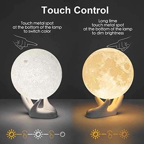 BRIGHTWORLD Moon Lamp, 3D Printing Moon Light 4.7 inch Night Light for Kids Gift for Girls Boys Women, Touch Control USB Rechargeable Brightness Adjustable Warm & Cool White Color (White Hand Stand)