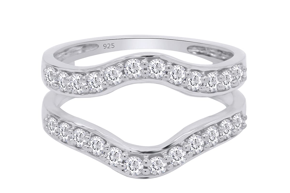 AFFY 1.14 Carat Round White Cubic Zirconia Solitaire Enhancer Guard Ring 14K White Gold Over Sterling Silver Ring Size-8.5