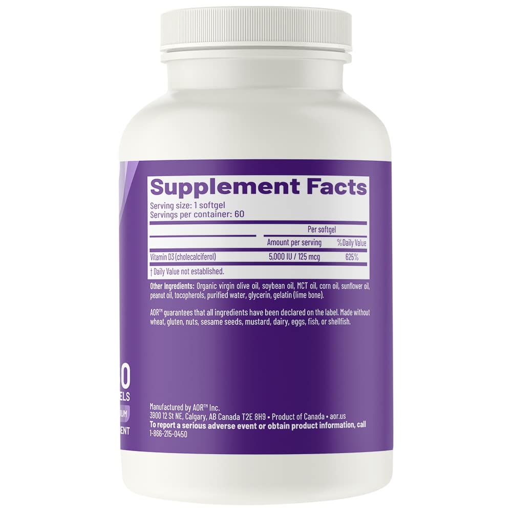 AOR, Vitamin D3 5000 IU, Supports The Immune System and Mood Balance, Supports Proper Calcium Absorption, 60 Servings (60 softgels)