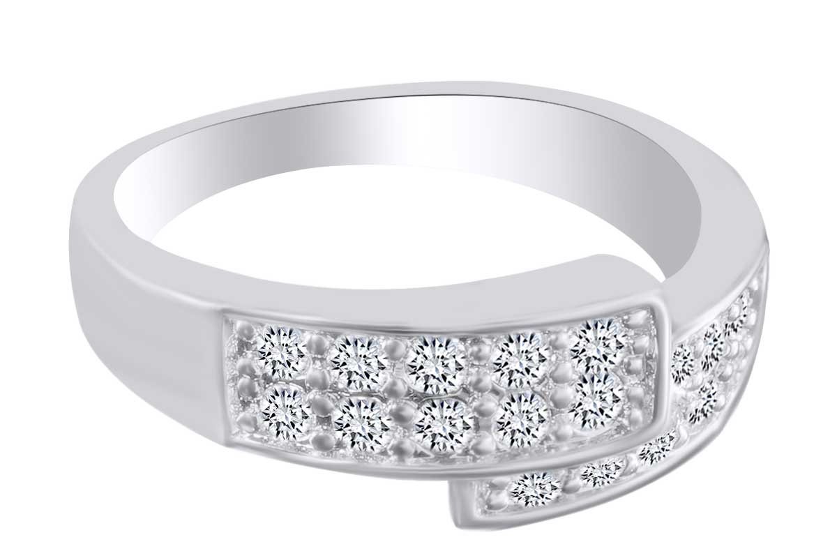 AFFY Round Shape White Cubic Zirconia Bypass Engagement Wedding Band Ring in 10k Solid White Gold Ring Size-6.5