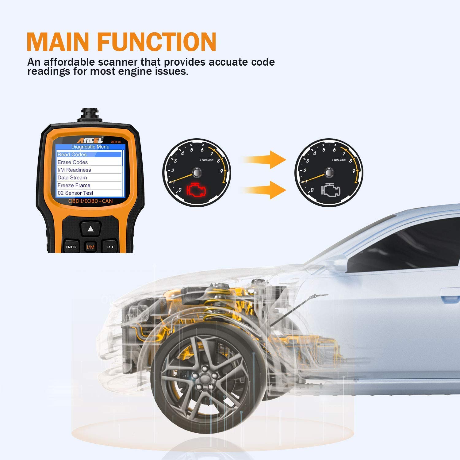ANCEL AD410 Enhanced OBD II Vehicle Code Reader with ANCEL BA201 Car 12V 100-2000 CCA Battery Load Tester