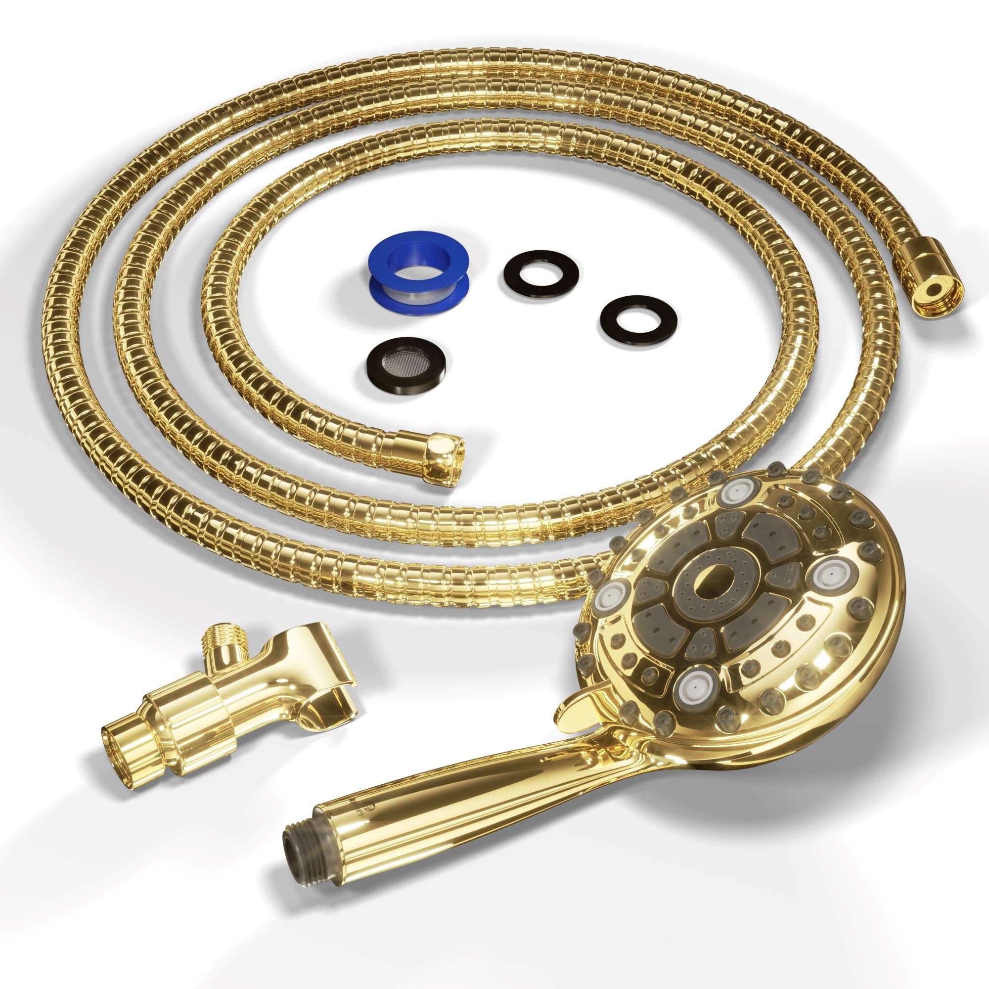 Aquarius Mist Handheld Gold Shower Head With Hose (Extra Long) Spa Grade High Pressure Hand Held Showerhead Wand With 6 Spray Settings β Adjustable Mount Holder & Teflon Tape - Polished Brass