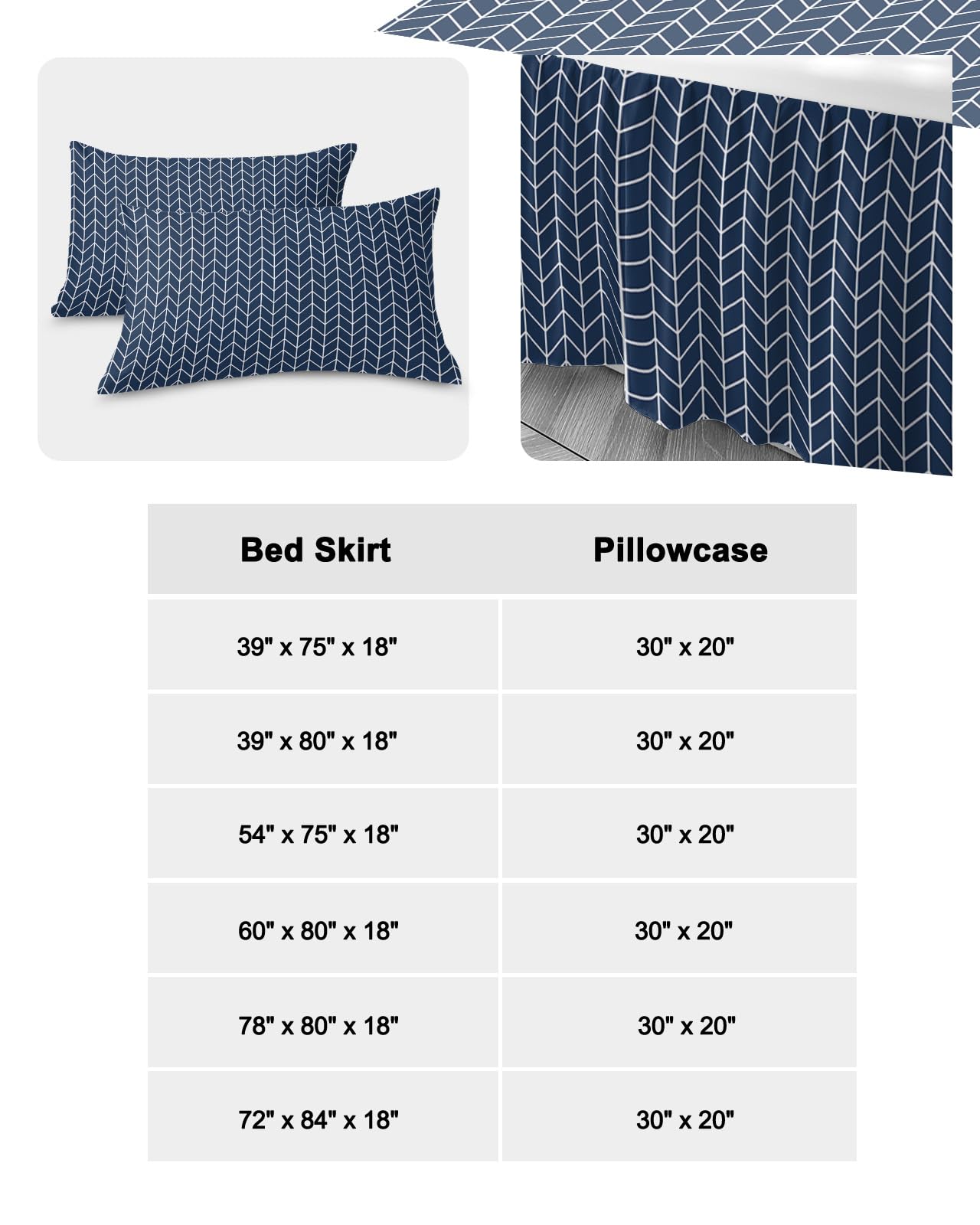 AMZRicher Navy Blue Wrap Around Pleated Bed Skirts for Queen Bed 60x80, Decorative Dust Ruffle Bed Sheet & Bedskirt 18'' Drop Bedspread with Pillow Case 20x30 Contemporary Geometric Modern Stripes