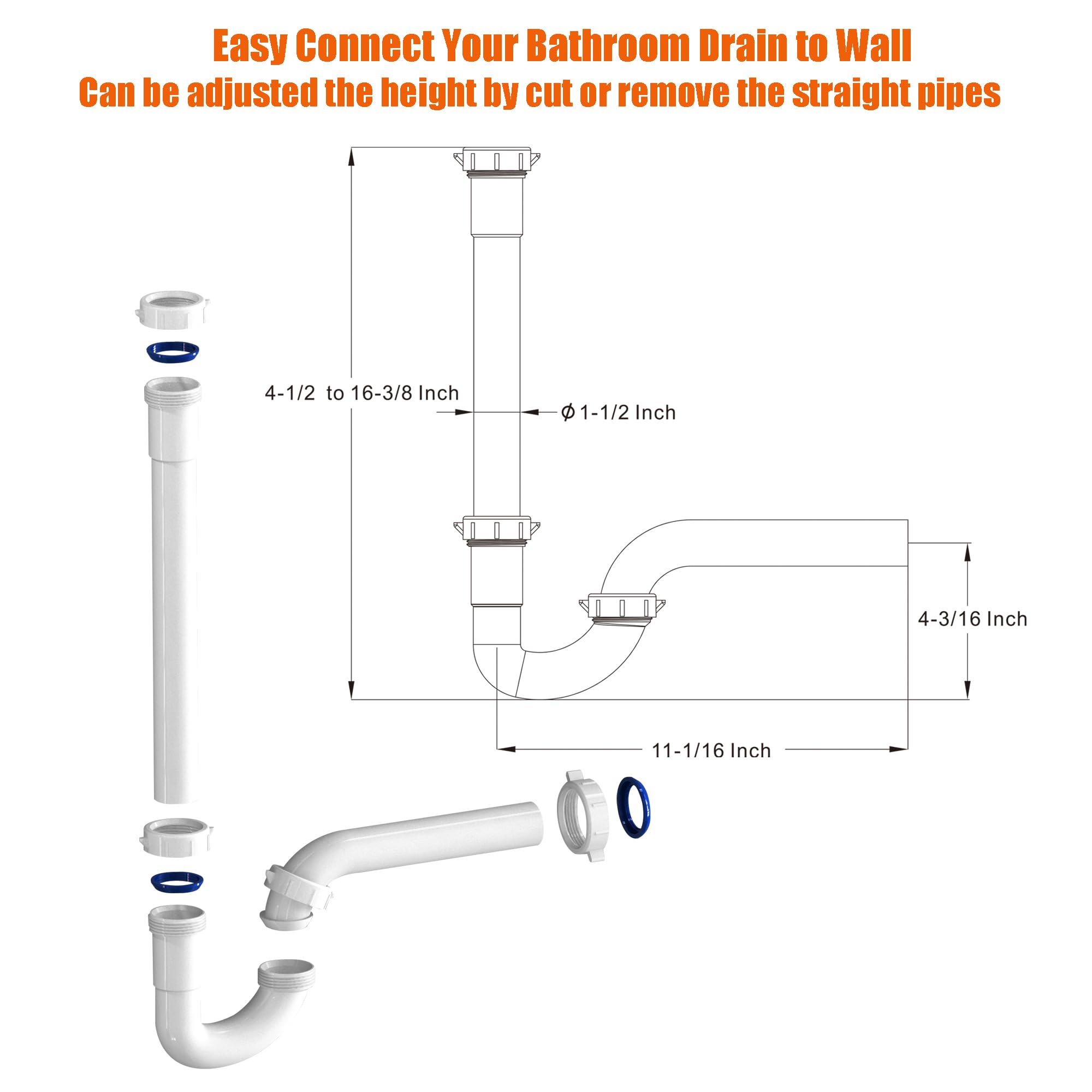 Bathroom Sink Drain Kit,1-1/4β Sink Drain Kit for Most Bathroom Sink Drain Repair Kit and Kitchen Sink Drain Kit,1-1/4β P Trap or S Trap Sink Plumbing Kit,Sink Pipe Replacement Kit